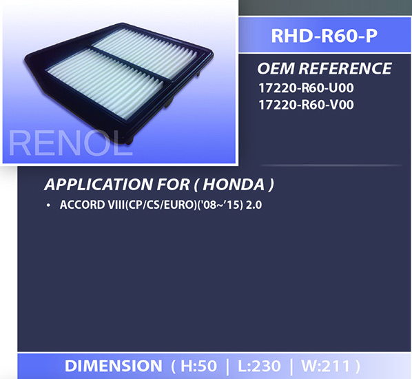 AIR HONDA=RHD-R60-P 17220-R60-U00 17220-R60-V00 ACCORD – Renol Tech ...