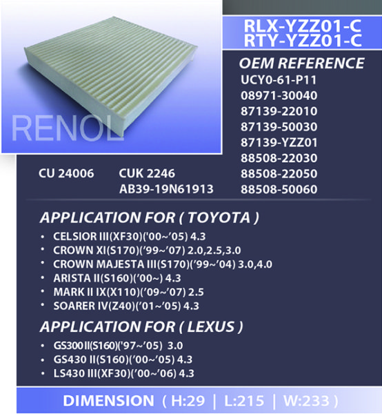 CABIN TOYOTA LEXUS=RTY-YZZ01-C RLX-YZZ01-C UCY0-61-P11 08971-30040 ...