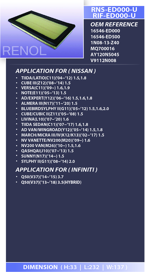 AIR NISSAN INFINITI=RNS-ED000-U RIF-ED000-U 16546-ED000 16546-ED500 ...