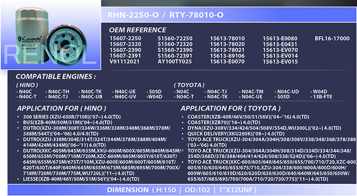 OIL HINO TOYOTA=RHN-2250-O RTY-78010-O 15607-2250 15607-2320 15607-2390 ...