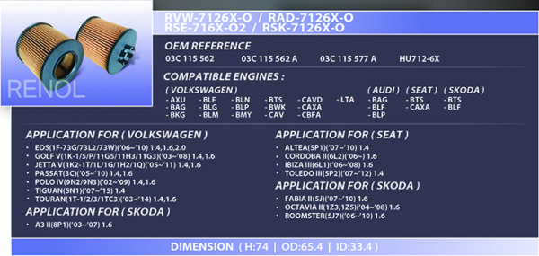 OIL AUDI SEAT SKODA VOLKSWAGEN=RVW-7126X-EO RAD-7126X-EO RSE-7126X-EO ...