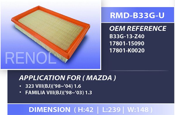 AIR MAZDA=RMD-B33G-U B33G-13-Z40 323 FAMILIA 17801-15090 17801-K0020 ...