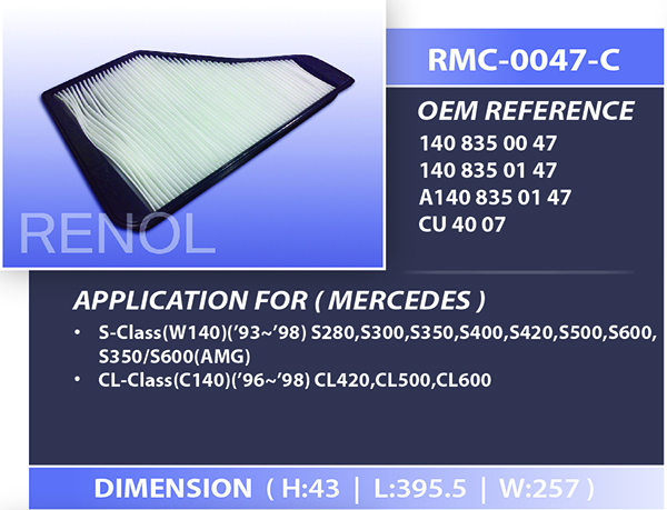 CABIN MERCEDES=RMC-0047-C 1408350047 1408350147 A1408350147 CU4007 W140 ...