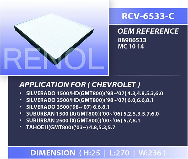 CABIN CHEVROLET=RCV-6533-C 88986533 MC1014 SILVERADO 1500 2500 3500 HD ...