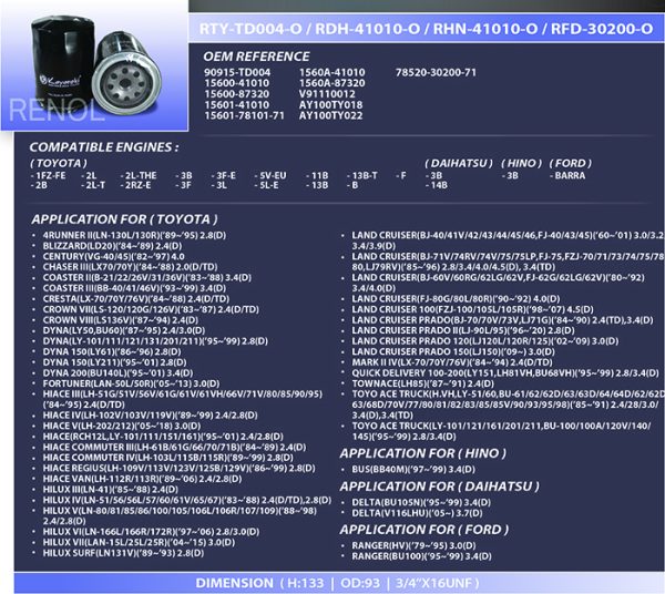 OIL TOYOTA DAIHATSU FORD HINO=RTY-TD004-O RDH-41010-O RHN-41010-O RFD ...