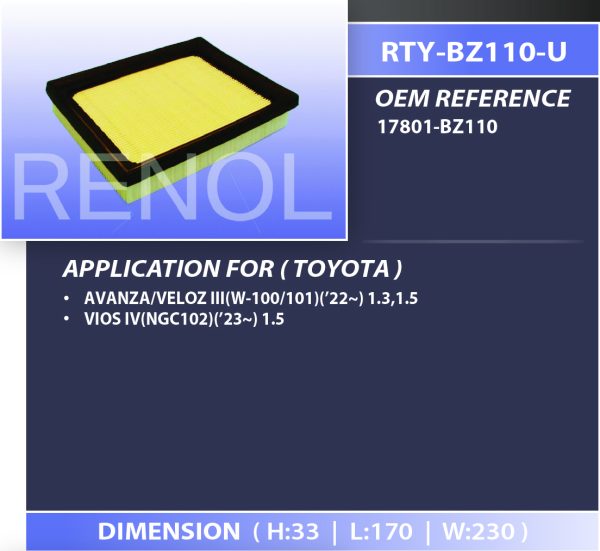 AIR TOYOTA=RTY-BZ110-U 17801-BZ110 VELOS AVANZA VIOS – Renol Tech Industry