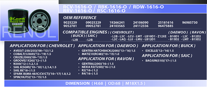 OIL CHEVROLET BUICK SAIC DAEWOO RAVON=RCV-1616-O RBK-1616-O RDW-1616-O ...