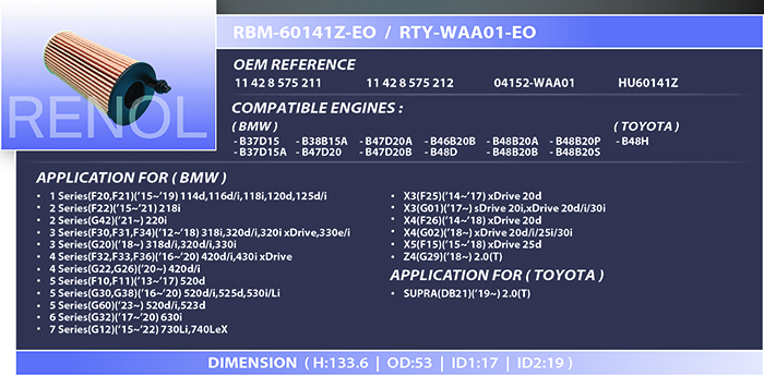 OIL BMW TOYOTA=RBM-60141Z-EO RTY-WAA01-EO 11428575211 11428575212 04152 ...