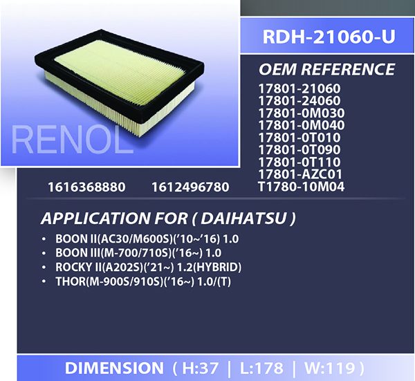 AIR DAIHATSU=RDH-21060-U 17801-21060 17801-24060 17801-0M030 17801-0M040 17801-0T090 BOON THOR ...